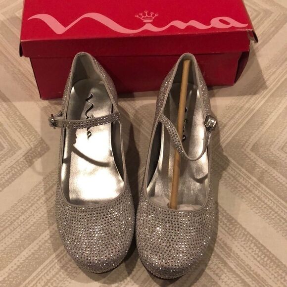 Nina | Shoes | Nina Girls Silversatin Lowheelstrappyshoe | Poshmark